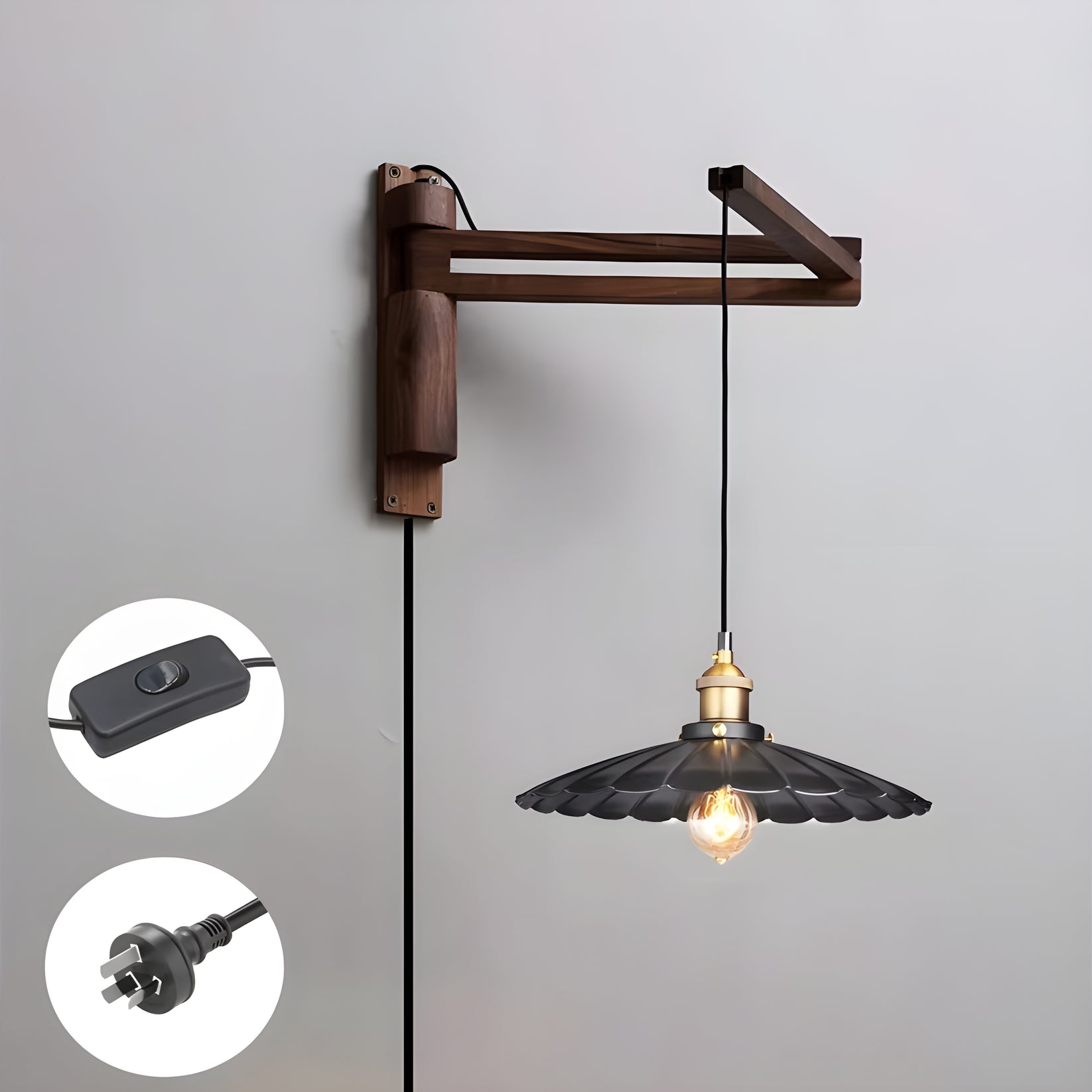 Industrial Swing Arm Wall Light | ModefinityIndustrial Wood Swing Arm ...