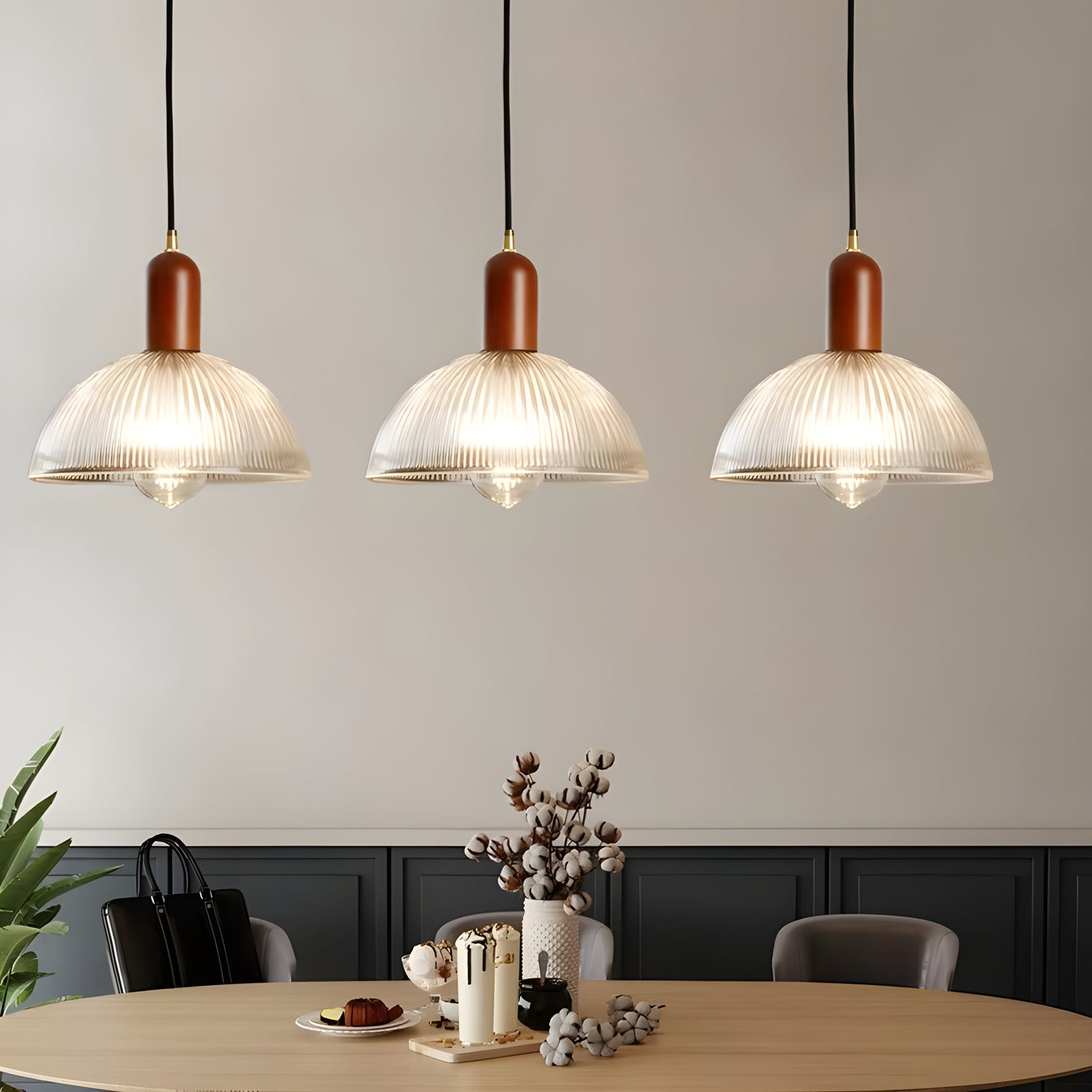 Nordic Ribbed Glass & Wood Pendant Light | ModefinityNordic Ribbed ...
