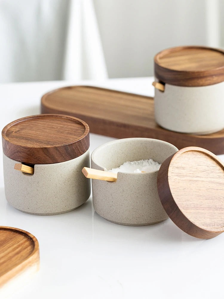 Minimalist Ceramic Spice Jars with Wooden Lids & Spoons ...