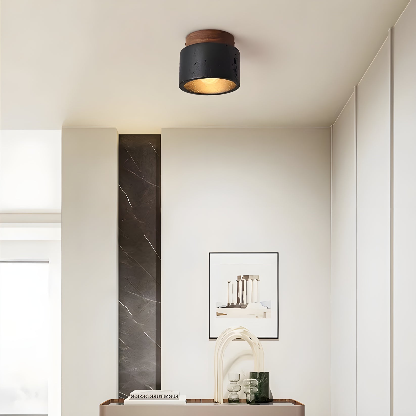 Travertine & Walnut Flush Mount Ceiling Light | ModefinityTravertine ...