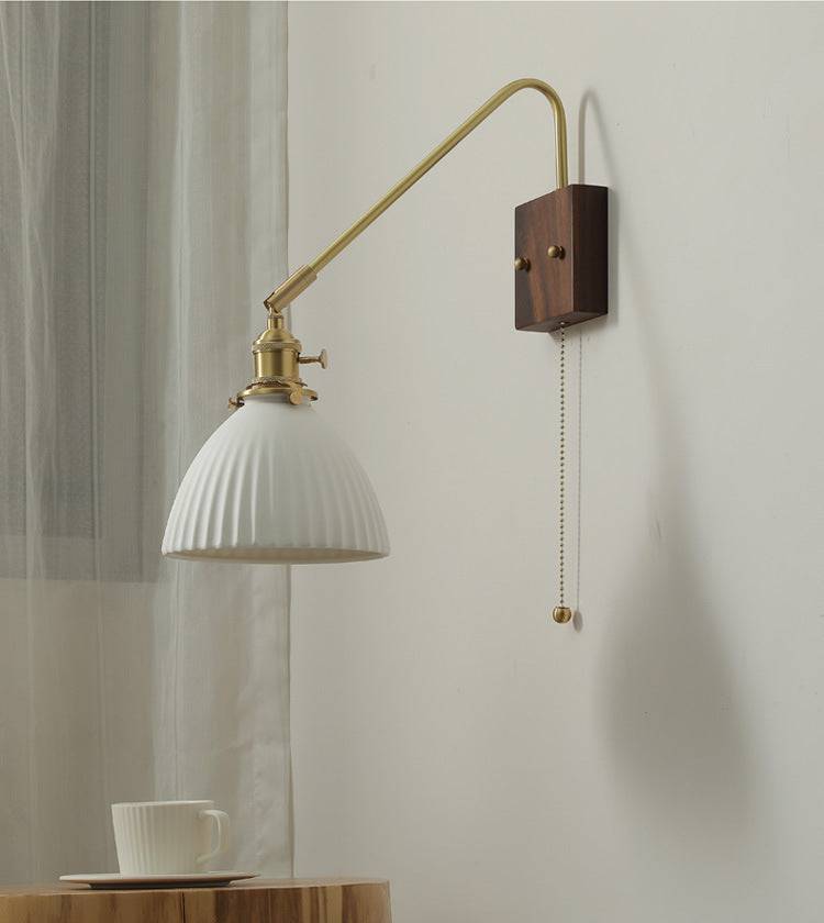 Handmade Ceramic Wall Light with Brass & Wood Backplate