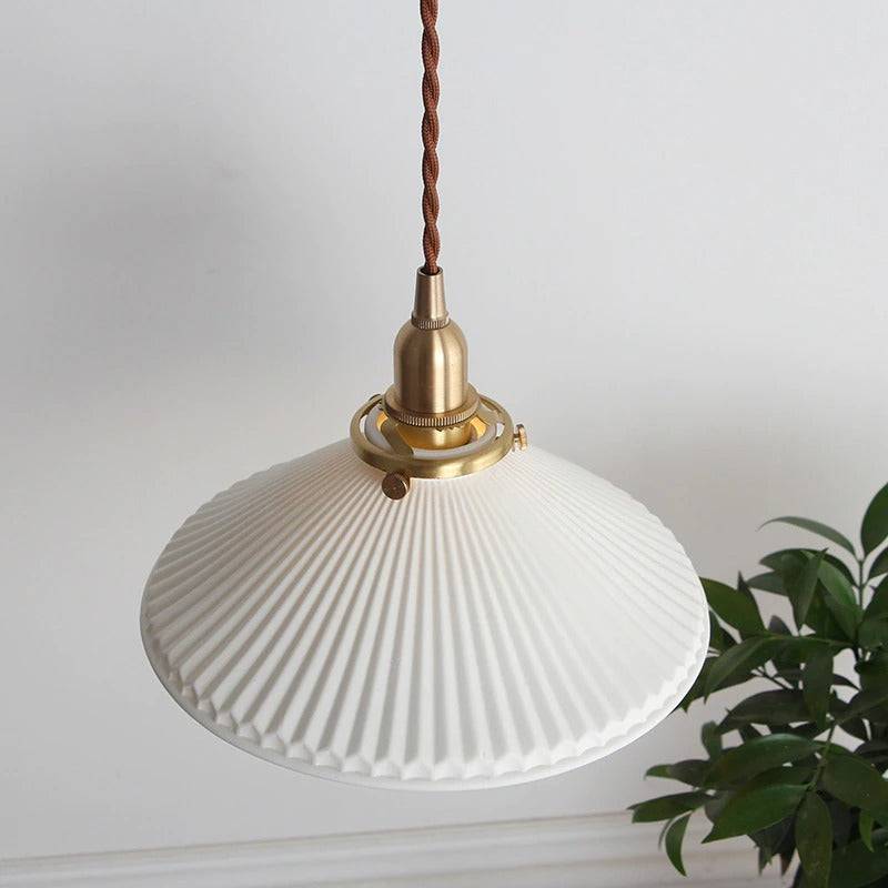 Fluted Ceramic Pendant Light – Elegant White Cone with Brass - 101PL