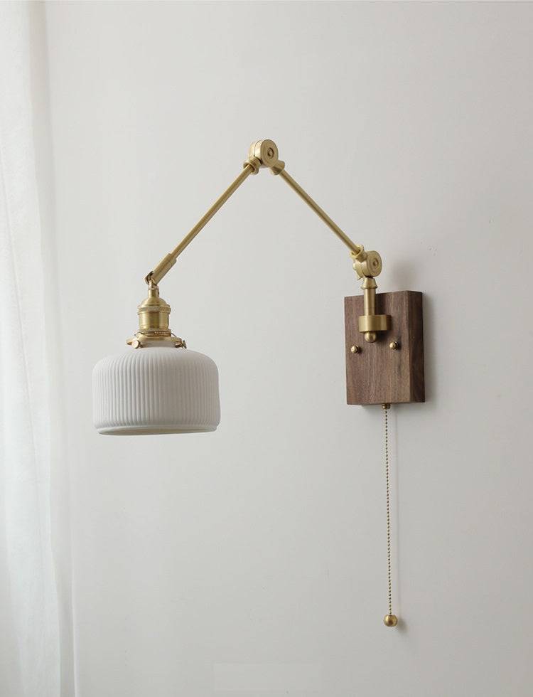 Vintage Brass Swing Arm Wall Sconce with Ribbed Glass Shade ...