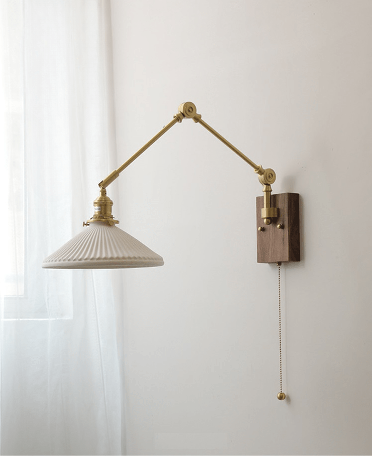 Vintage Brass Swing Arm Wall Sconce with Ribbed Glass Shade ...