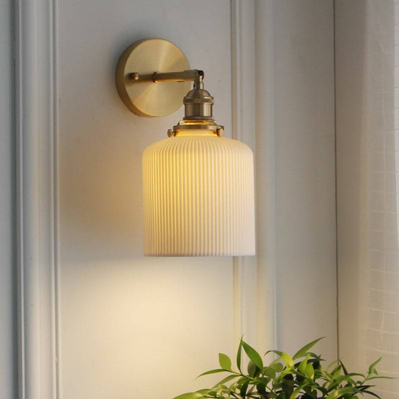 White Ceramic Wall Light with Brass Fixture – Minimalist Dimmable Wall ...