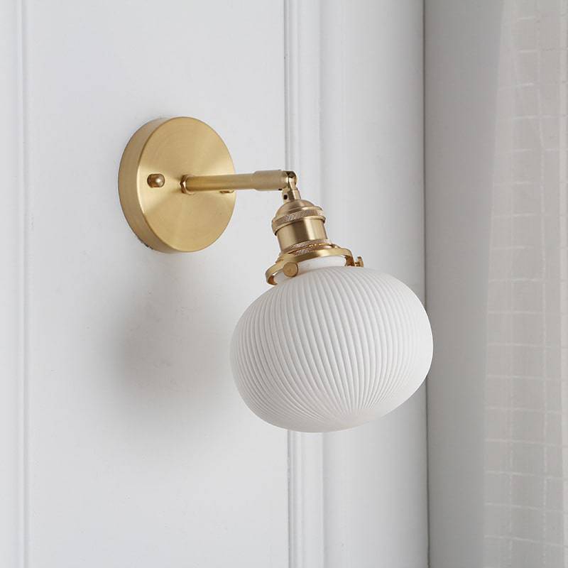 White Ceramic Wall Light with Brass Fixture – Minimalist Dimmable Wall ...
