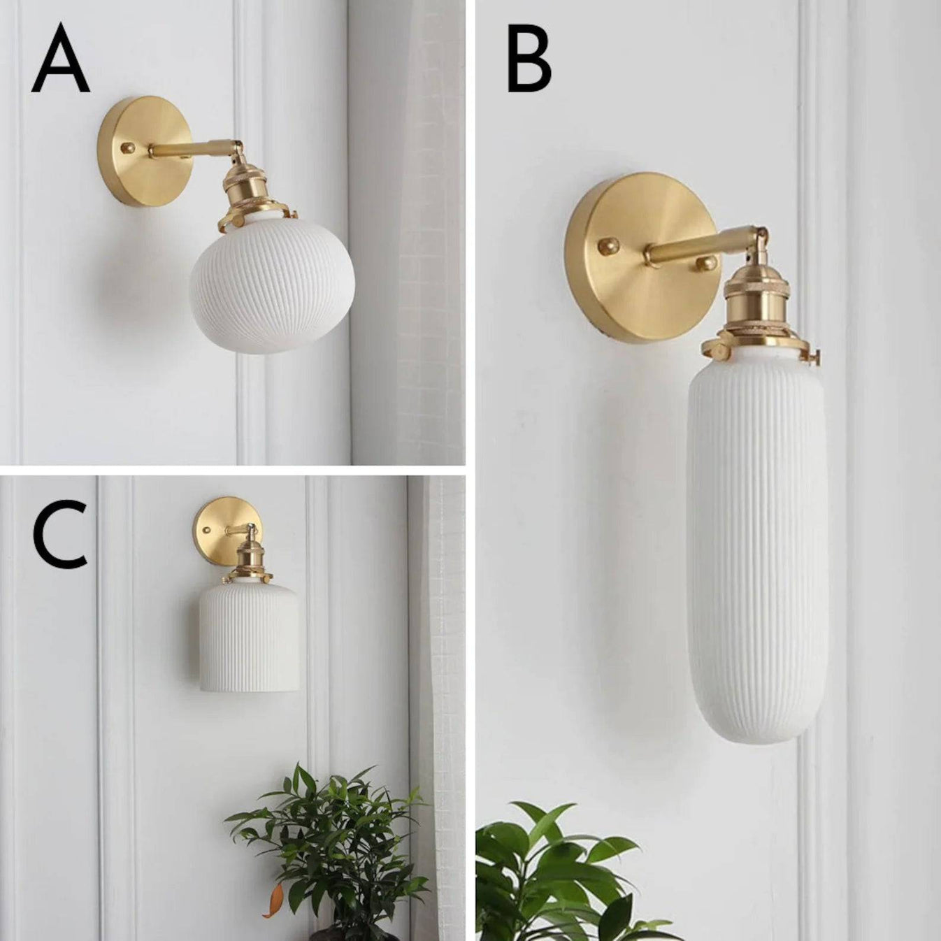White Ceramic Wall Light with Brass Fixture – Minimalist Dimmable Wall ...